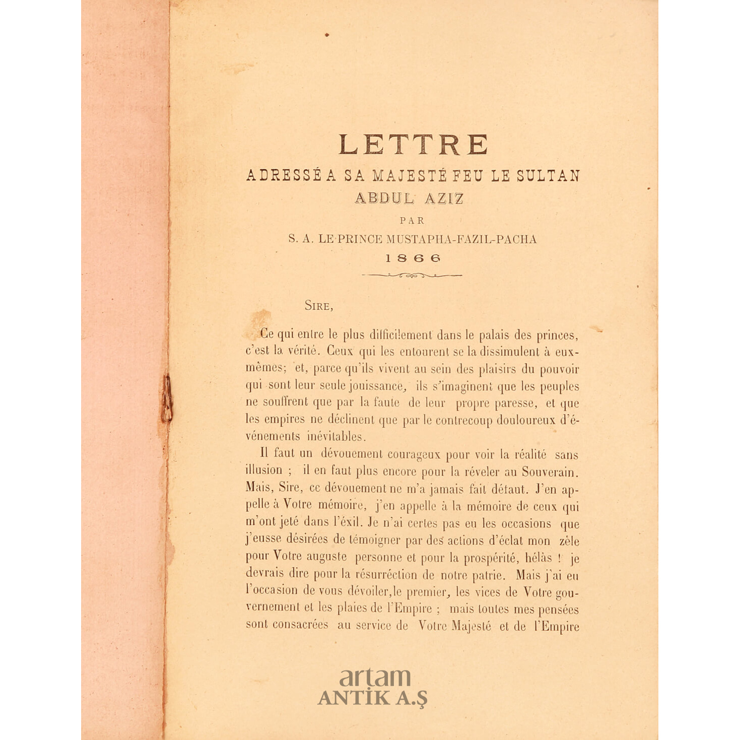 MUSTAPHA FAZIL PACHA, Prince Lettre Adressé au feu Sultan Abdul Aziz ...